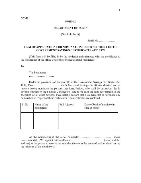 Application form for nomination under Section 6 of - India Post
