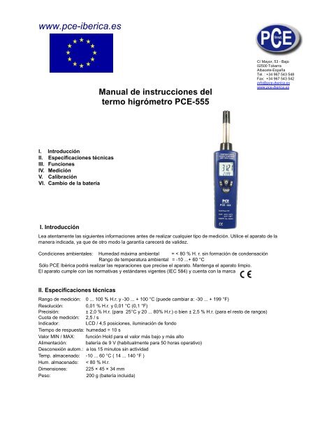 Manual de instrucciones del termo higrómetro PCE-555 - PCE Ibérica