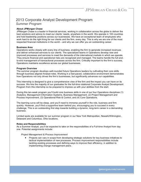 2013 Corporate Analyst Development Program Summer Program