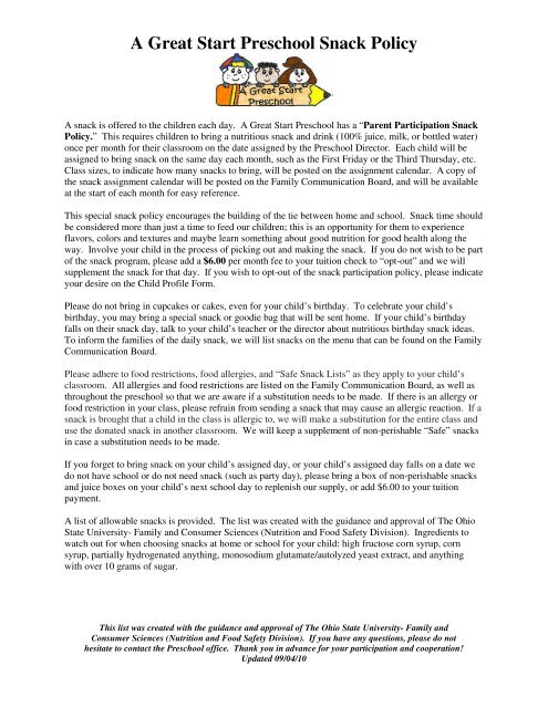 A Great Start Preschool Snack Policy