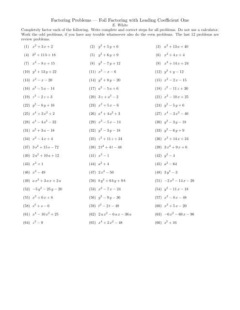 Factoring Problems â Foil Factoring with Leading Coefficient One