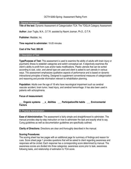 Toglia Category Assessment (TCA)