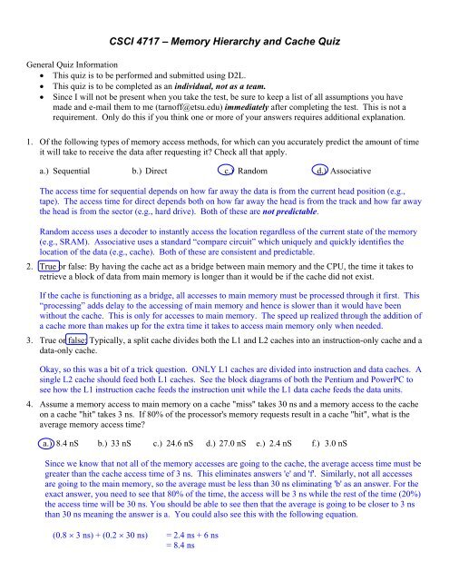 CSCI 4717 – Memory Hierarchy and Cache Quiz - Etsu