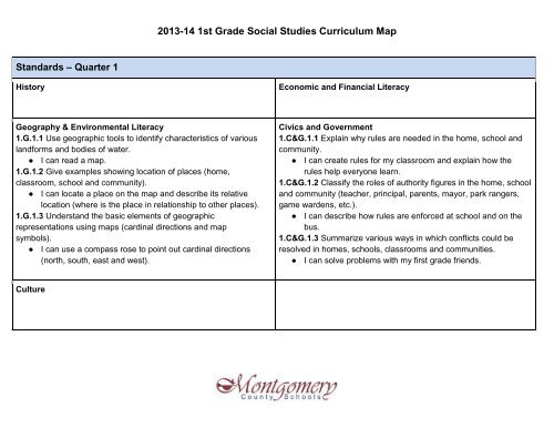 2013-14 1st Grade Social Studies Curriculum Map Standards ...