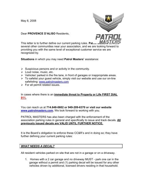 PERMIT LETTER - PROVENCE DE DE ALISO - Patrol Masters, Inc.