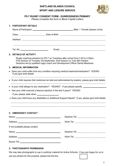 Rugby Consent Form - Dunrossness Primary School