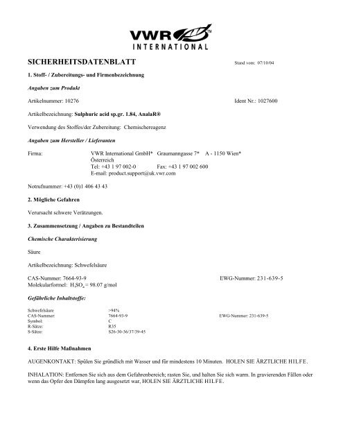 Sulphuric acid sp.gr. 1.84, AnalaR® - VWR International