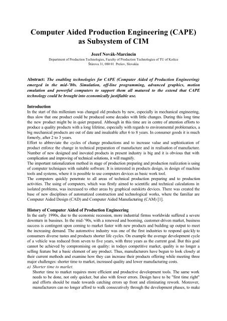 Computer Aided Production Engineering (CAPE) as Subsystem of CIM