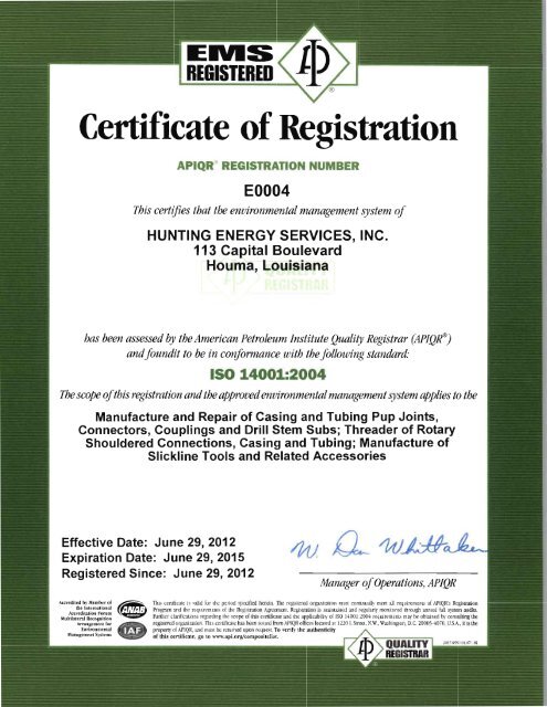 ISO Certification - Hunting Energy Services