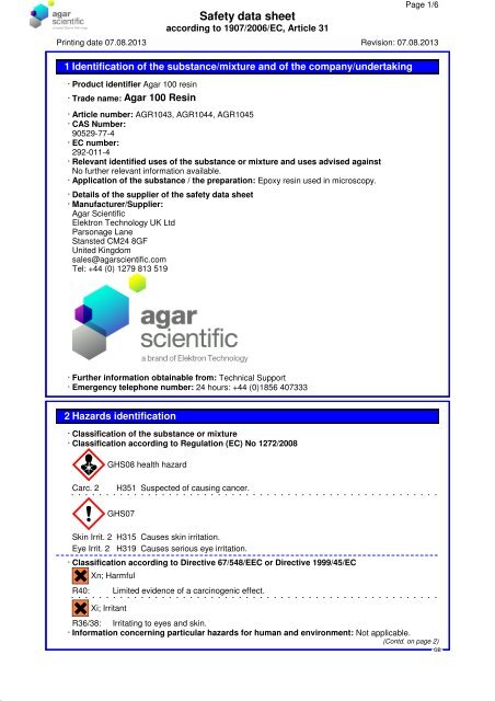 AGR1045 Agar 100 Resin MSDS - Agar Scientific
