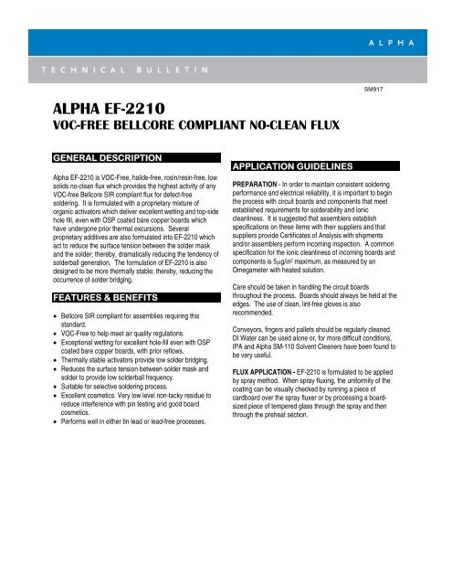 alpha ef-2210 voc-free bellcore compliant no-clean flux - Lenz