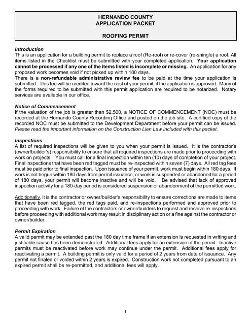 HERNANDO COUNTY APPLICATION PACKET ROOFING PERMIT