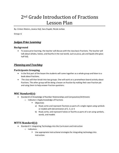 2nd Grade Introduction Of Fractions Lesson Plan