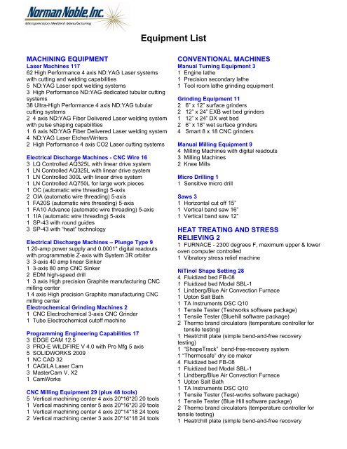 Equipment List - Contract Manufacturing of Nitinol Medical Devices