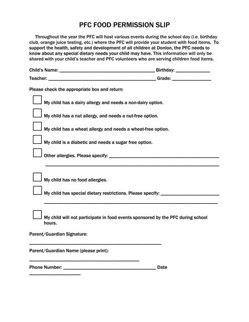 PFC FOOD PERMISSION SLIP