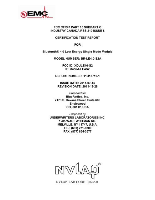 FCC IC Test Report - BlueRadios, Inc.