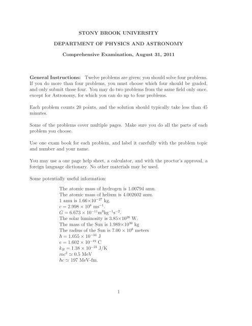 Exam and Solutions - Graduate Physics - Stony Brook University