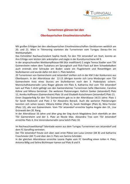 Turnerinnen glänzen bei den Oberbayerischen Einzelmeisterschaften Turnerinnen glänzen bei den Oberbayerischen Einzelmeisterschaften