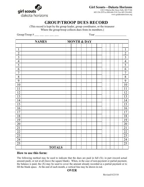 group/troop dues record - Girl Scouts