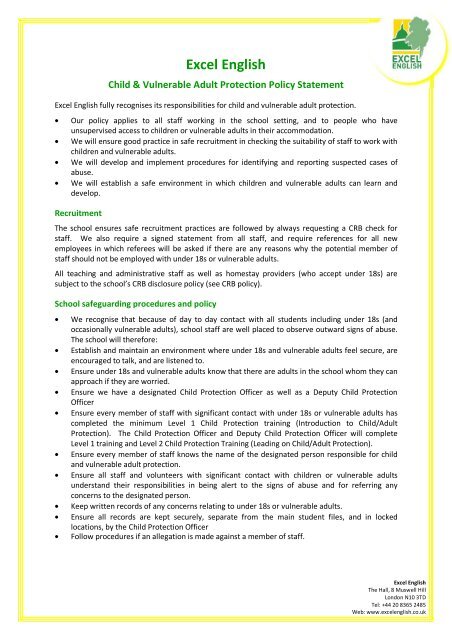 Child & Vulnerable Adult Protection Policy Statement - Excel English