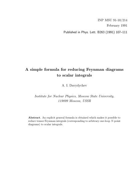 A simple formula for reducing Feynman diagrams to scalar integrals