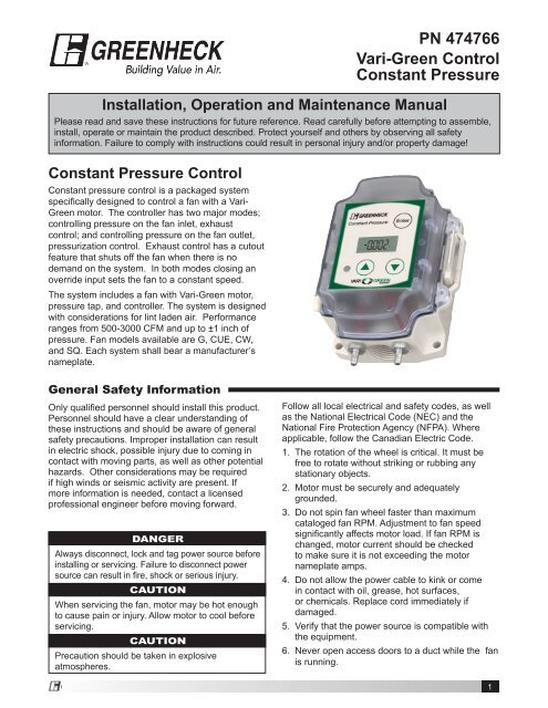 PN 474766 Vari-Green Control Constant Pressure - Greenheck
