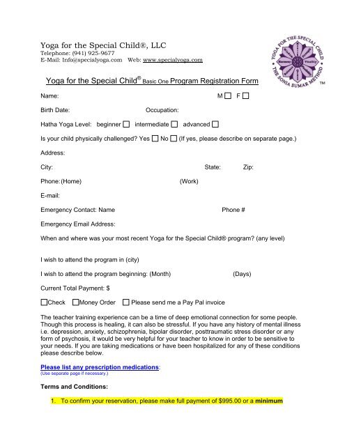 YSC Basic program 1 Registration Form - Yoga 4 Kids