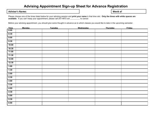 Advising Appointment Sign-up Sheet for Spring Advance Registration