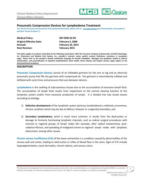 Pneumatic Compression Devices for Lymphedema Treatment - MCS a