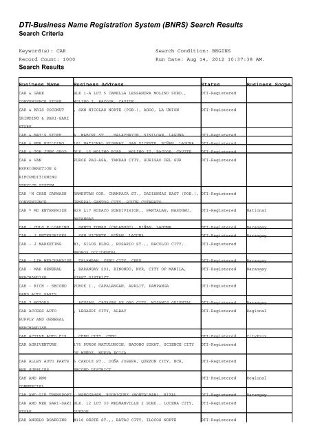 DTI-Business Name Registration System (BNRS) Search Results
