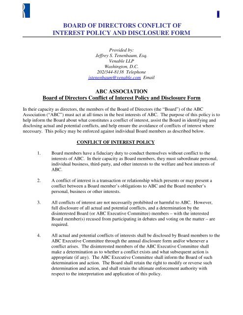board of directors conflict of interest policy and disclosure form