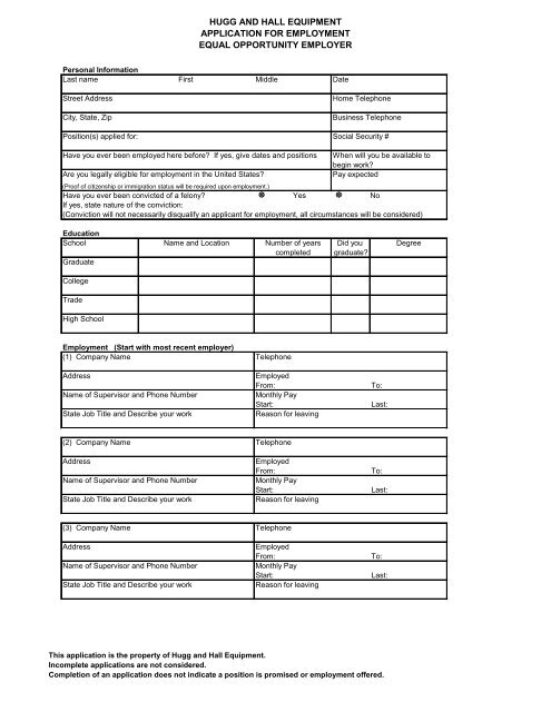 HUGG AND HALL EQUIPMENT APPLICATION FOR EMPLOYMENT ...