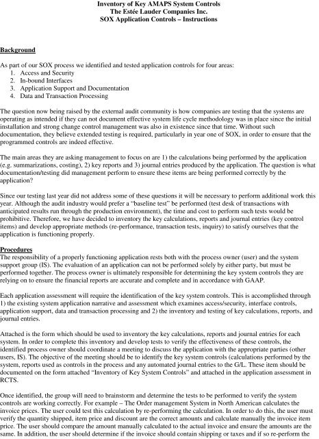 Inventory of Key AMAPS System Controls The Estée Lauder ...