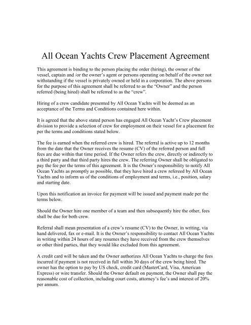 Ocean Yachts Crew Placement Agreement - Buy Explorer Yachts.com