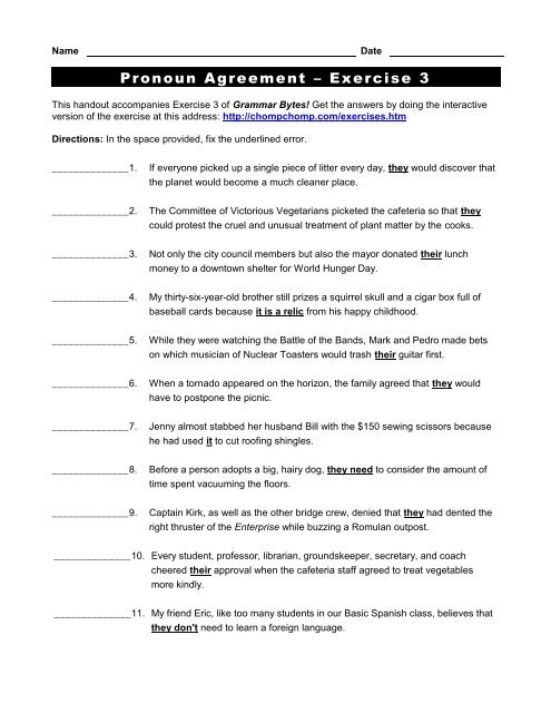 Pronoun Agreement â Exercise 3 - Grammar Bytes!