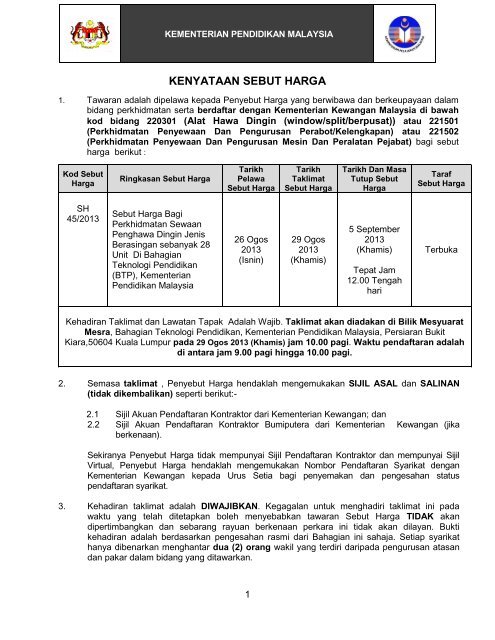 Sebut Harga Bagi Perkhidmatan Sewaan Penghawa Dingin SH 45 ...