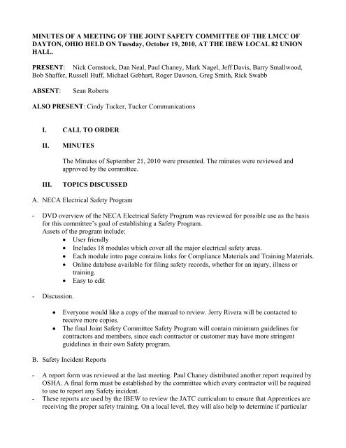 MINUTES OF A MEETING OF THE JOINT SAFETY ... - IBEW Local 82