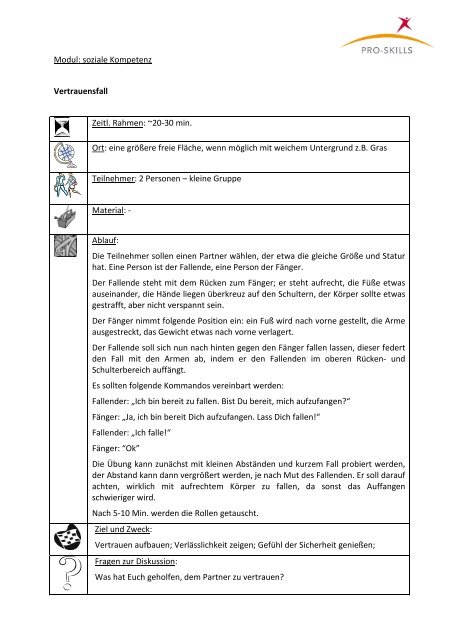 Modul: soziale Kompetenz Vertrauensfall Zeitl. Rahmen ... - Pro-Skills