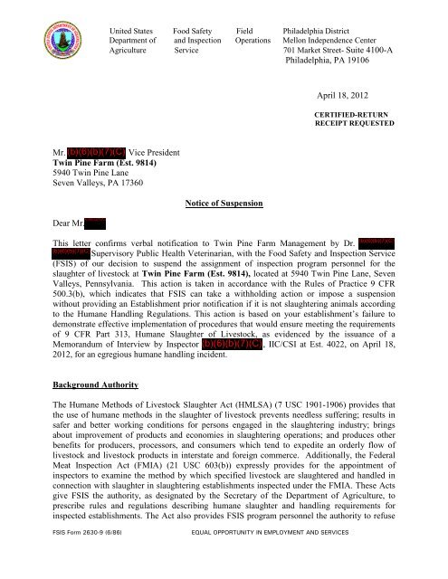 Notice of Suspension Letter from FSIS to Establishment 9814, April ...