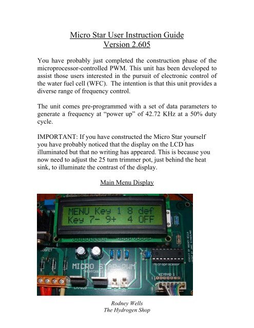 Micro Star User Instruction Guide - The Hydrogen Shop