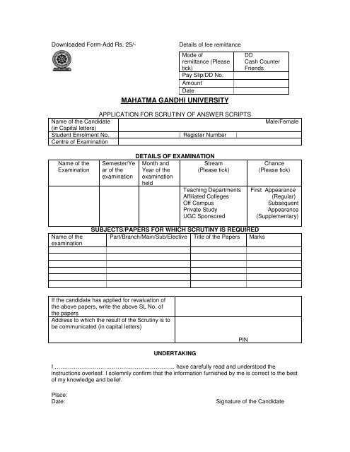 Application for Scrutiny of answer scripts - Mahatma Gandhi University