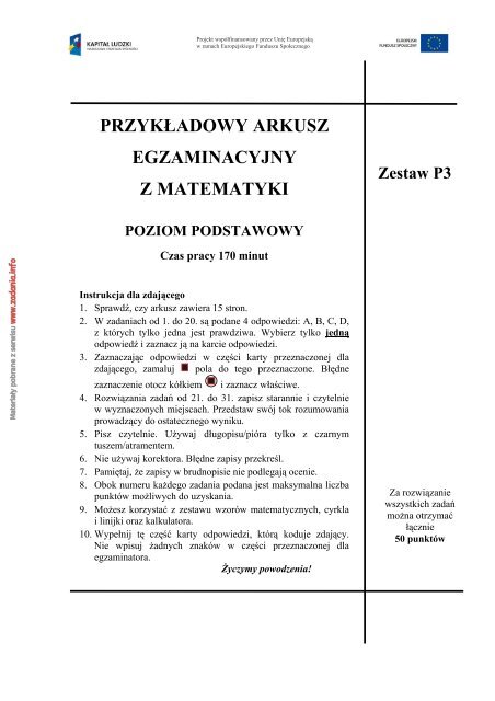 Przykładowy arkusz egzaminacyjny z matematyki poziom podstawowy Przykładowy arkusz egzaminacyjny z matematyki poziom podstawowy