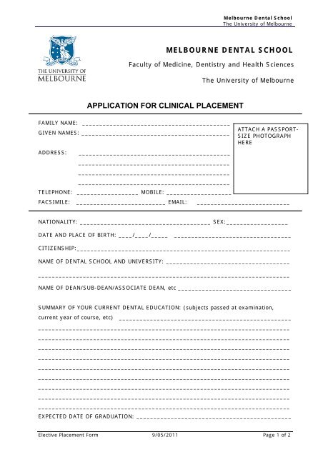 Application for Clinical Placement form - Melbourne Dental School