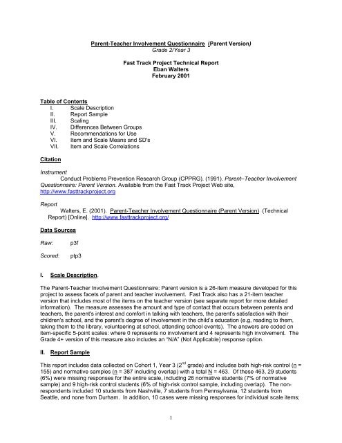 1 Parent-Teacher Involvement Questionnaire ... - Fast Track Project