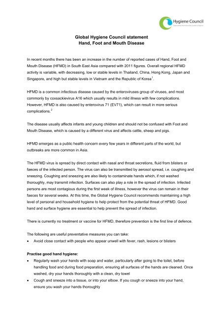 Hand, foot and mouth disease statement - Hygiene Council