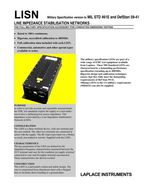 LISN Military Specification version to MIL STD 461E and DefStan 59 ...