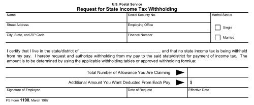 PS Form 1198, Request for State Income Tax Withholding
