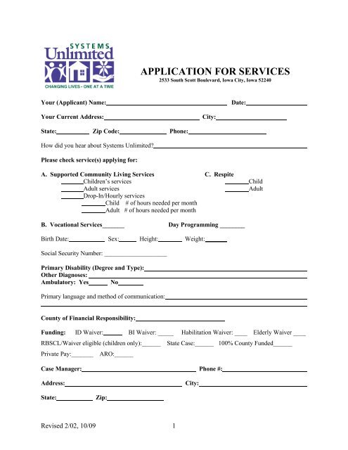 APPLICATION FOR SERVICES - Systems Unlimited, Inc.