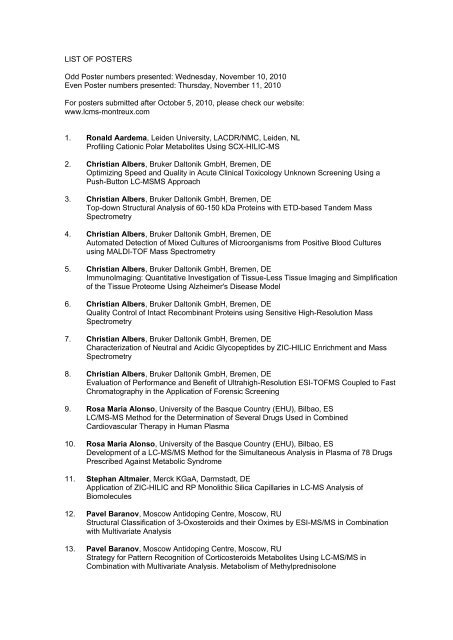 LIST OF POSTERS Odd Poster numbers presented: Wednesday ...