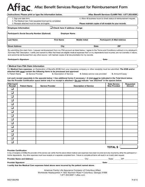 Aflac Benefit Services Request for Reimbursement Form